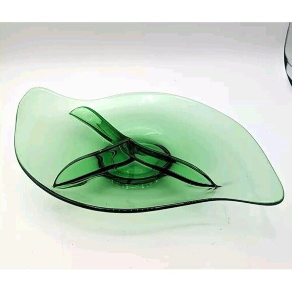 Dining | Vintage Divided Green Glass Nut Candy Serving Dish Leaf Shaped ...